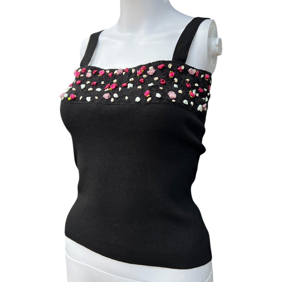 90s Y2K Belldini Black Knit Tank Floral Ribbon Lace Detail Women’s Med ...