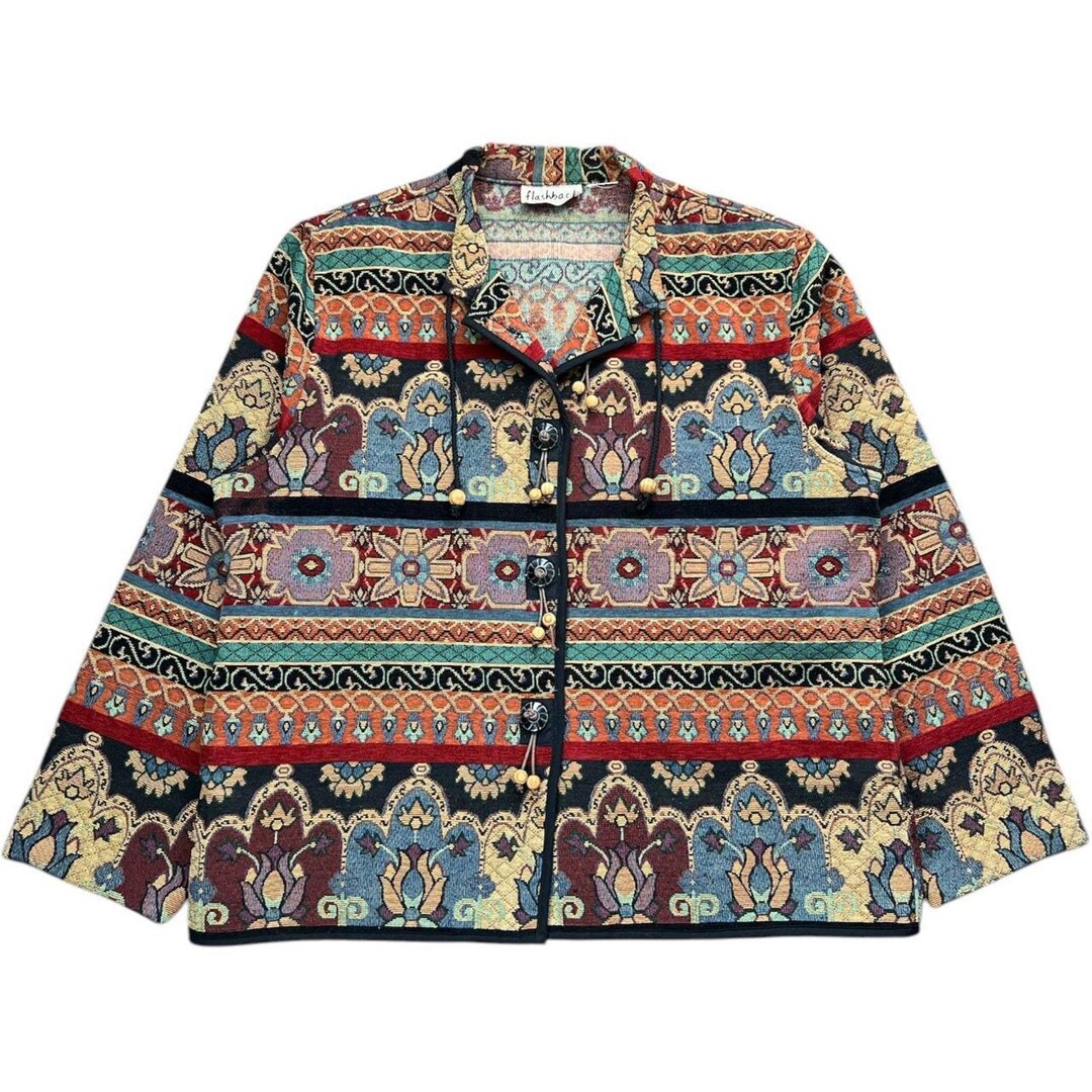 Vintage 90s Flashback Floral Boho Tapestry Jacket Beaded Wood Buttons ...