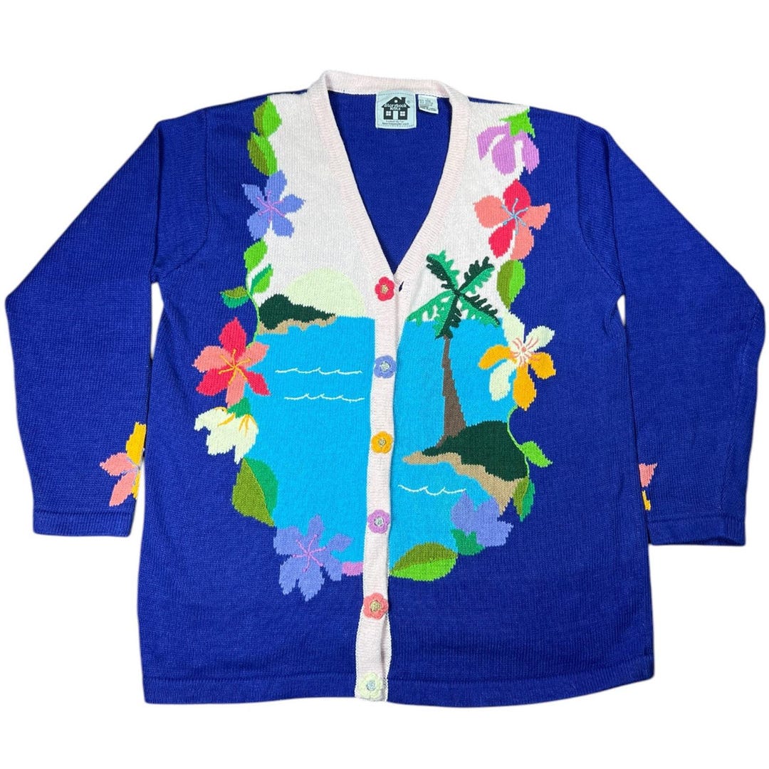 Vintage Storybook Knits Tropical Floral Grandma Cardigan Embroidered ...