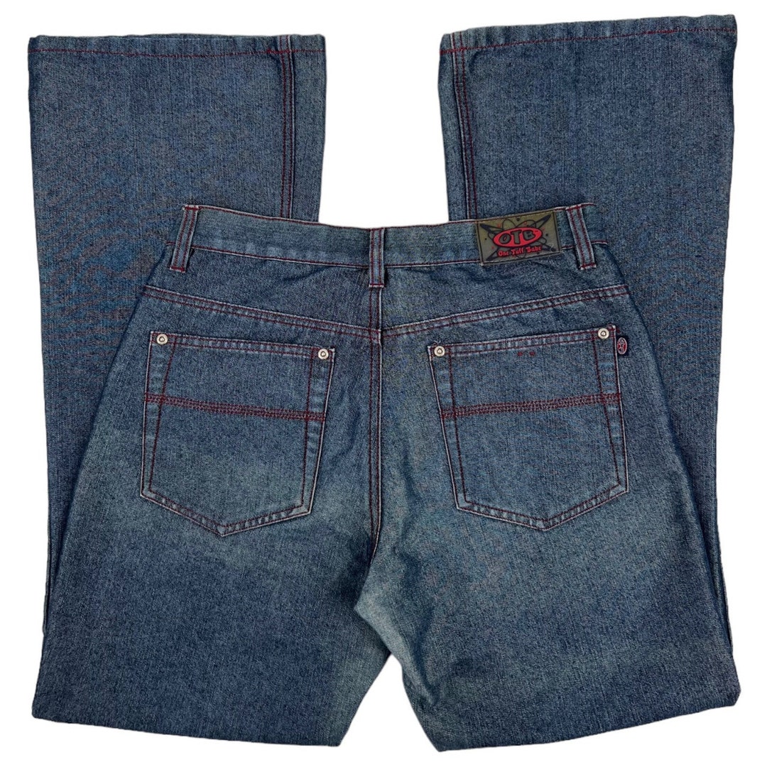 Vintage Y2K One Tuff Babe Light Blue Holographic Flare Jeans Red ...