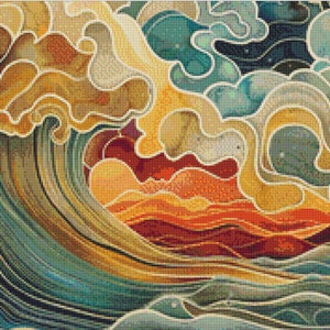 Colorful Waves Under the Crescent Moon Cross Stitch Pattern by the Art ...