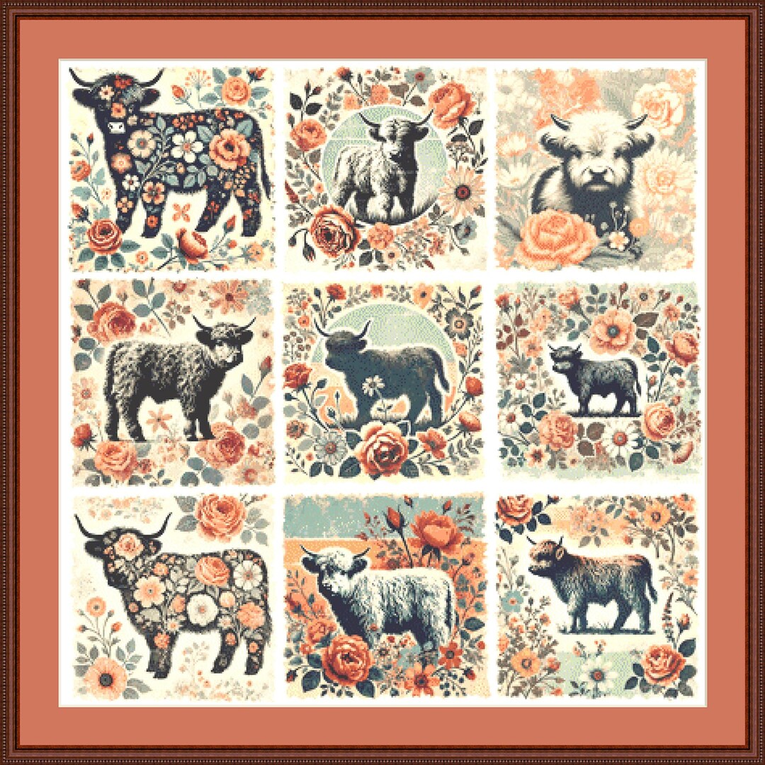 Retro Boho Cow Farm Counted Cross Stitch Pattern by Fab Design Creation ...