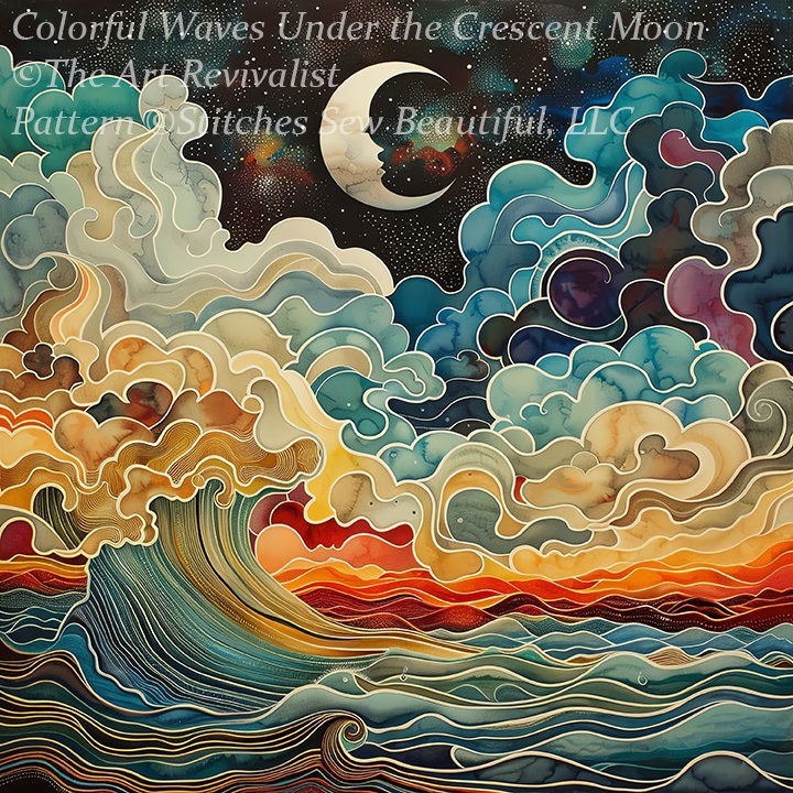 Colorful Waves Under the Crescent Moon (small) Full Coverage Cross ...