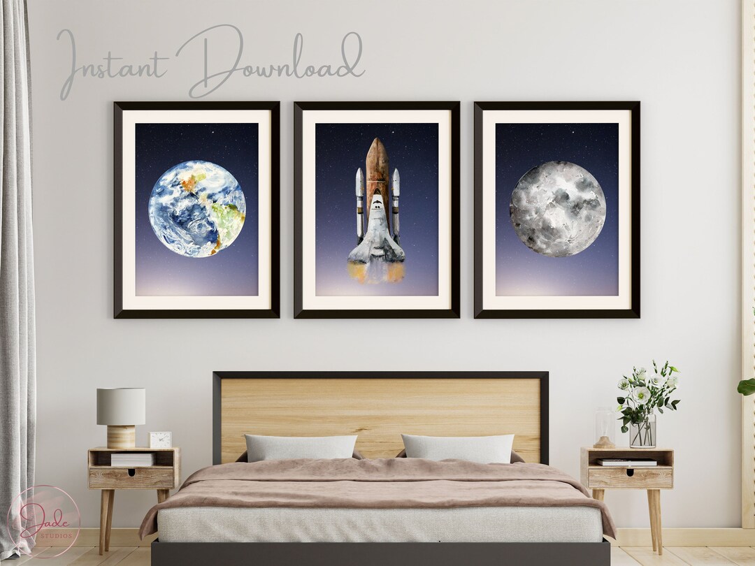 Set of 3 Abstract Space Prints, Watercolour Planets Print, Teenage Wall ...