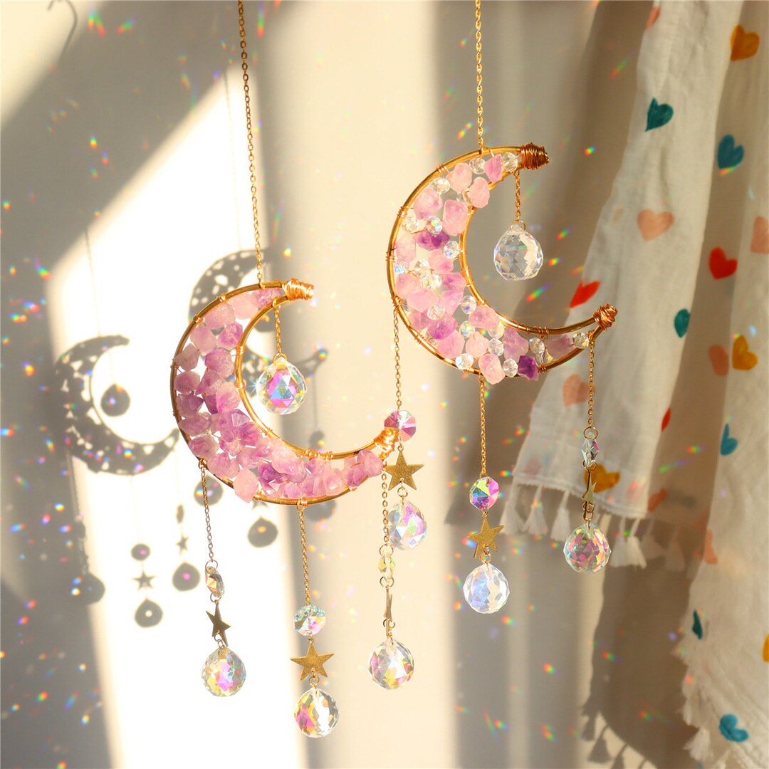 Crescent Moon Crystal Suncatchers Amethyst Cluster Light Catcher ...