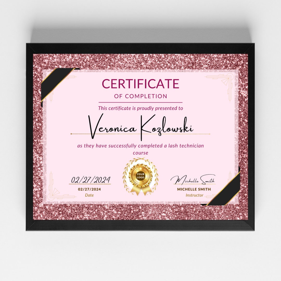 Pink Glitter Certificate of Completion Template Editable Canva Template - Lash Tech, Nail Tech ...