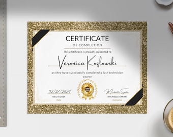 Pink Glitter Certificate of Completion Template Editable Canva Template ...