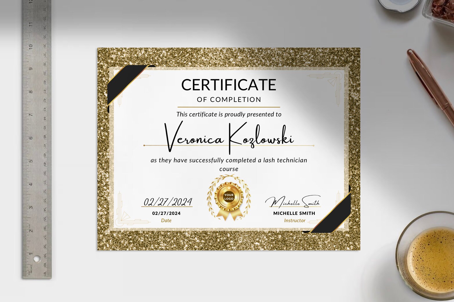 Gold Glitter Certificate of Completion Template Editable Canva Template ...