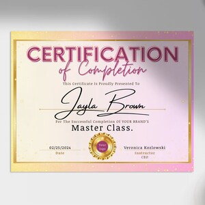 Pink Gradience to Yellow Certificate of Completion Template Editable Canva Template - DIGITAL ...