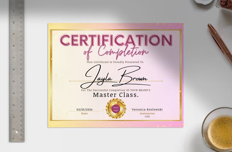 Pink Gradience to Yellow Certificate of Completion Template Editable ...