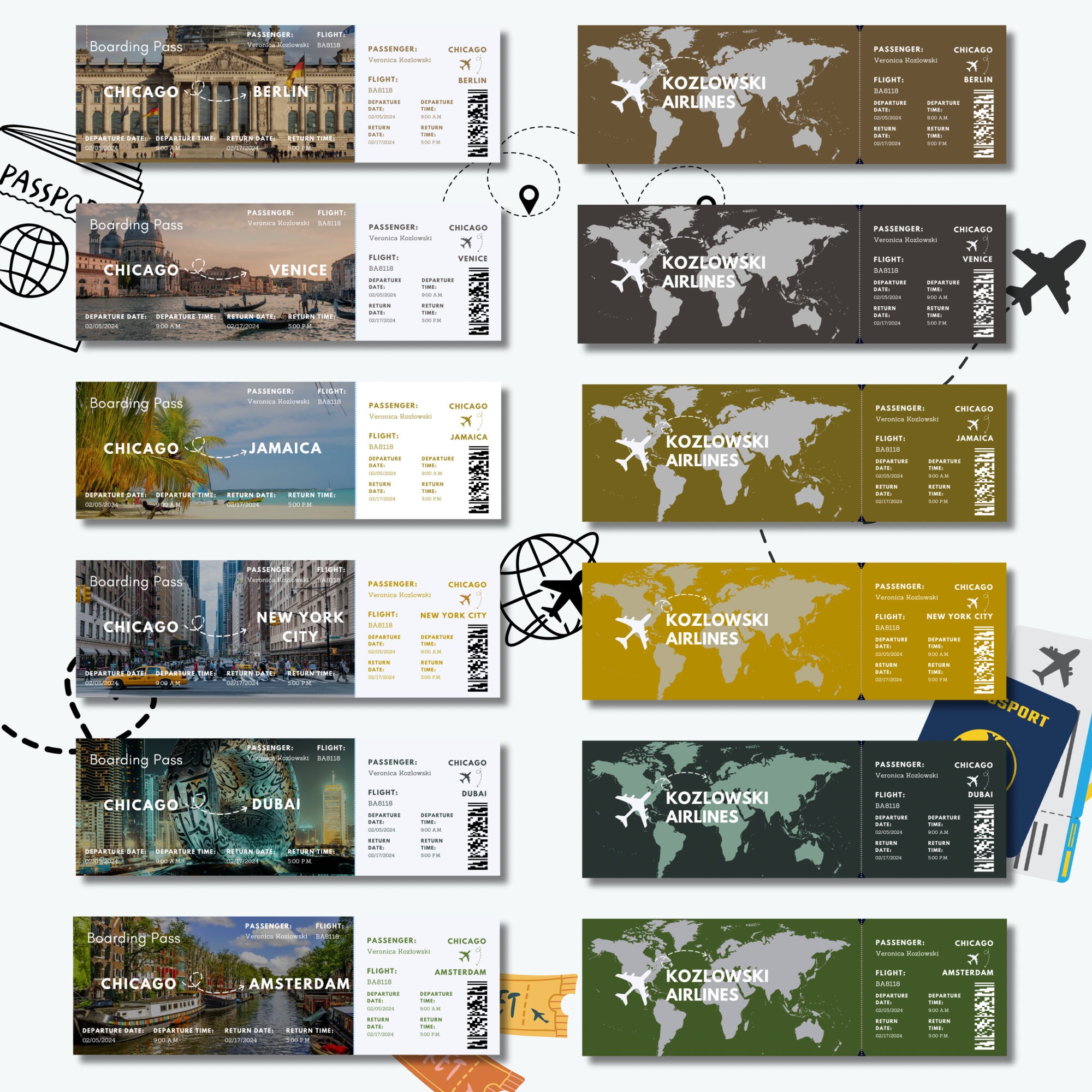 Editable Digital Boarding Pass Template for Canva- 25 Premade Templates ...