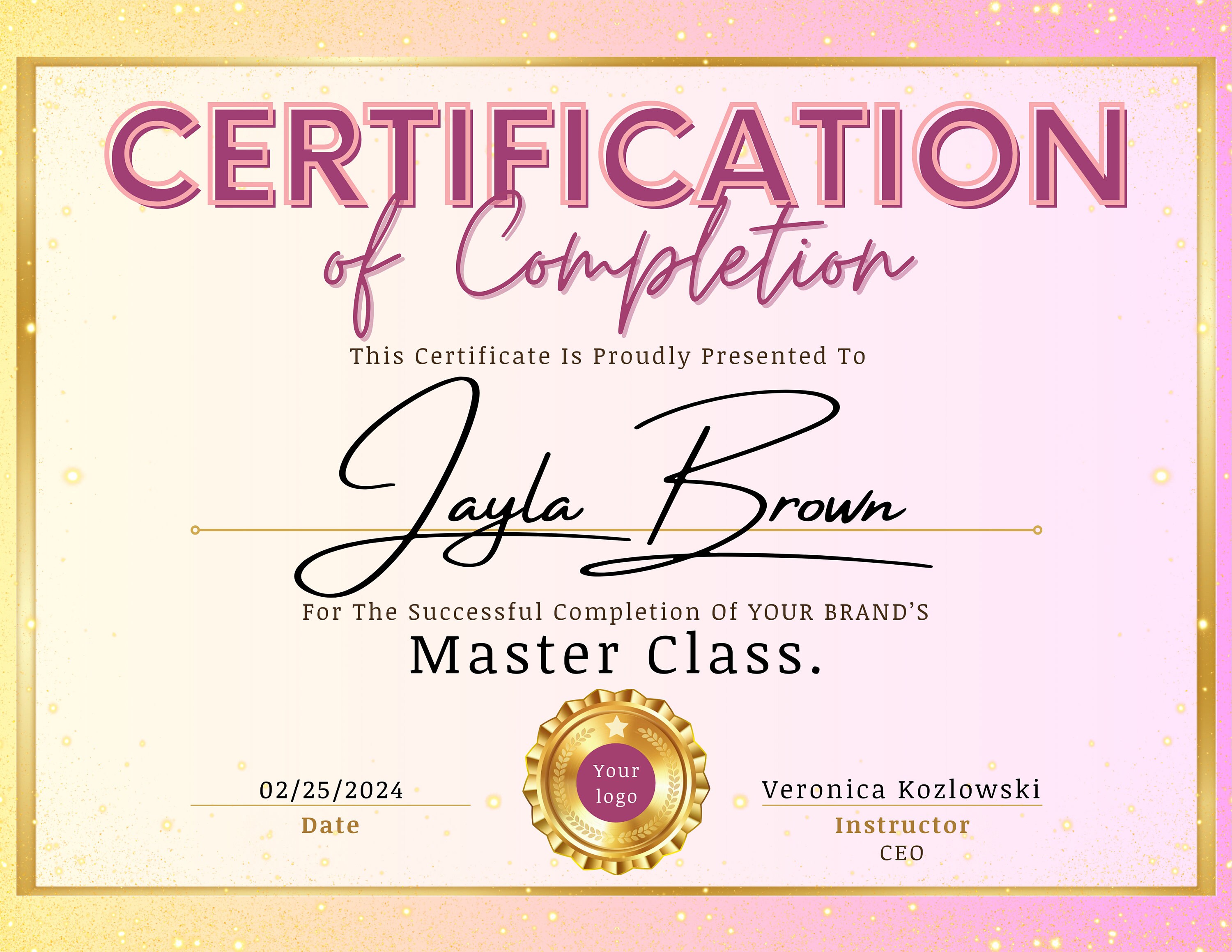 Pink Gradience to Yellow Certificate of Completion Template Editable ...