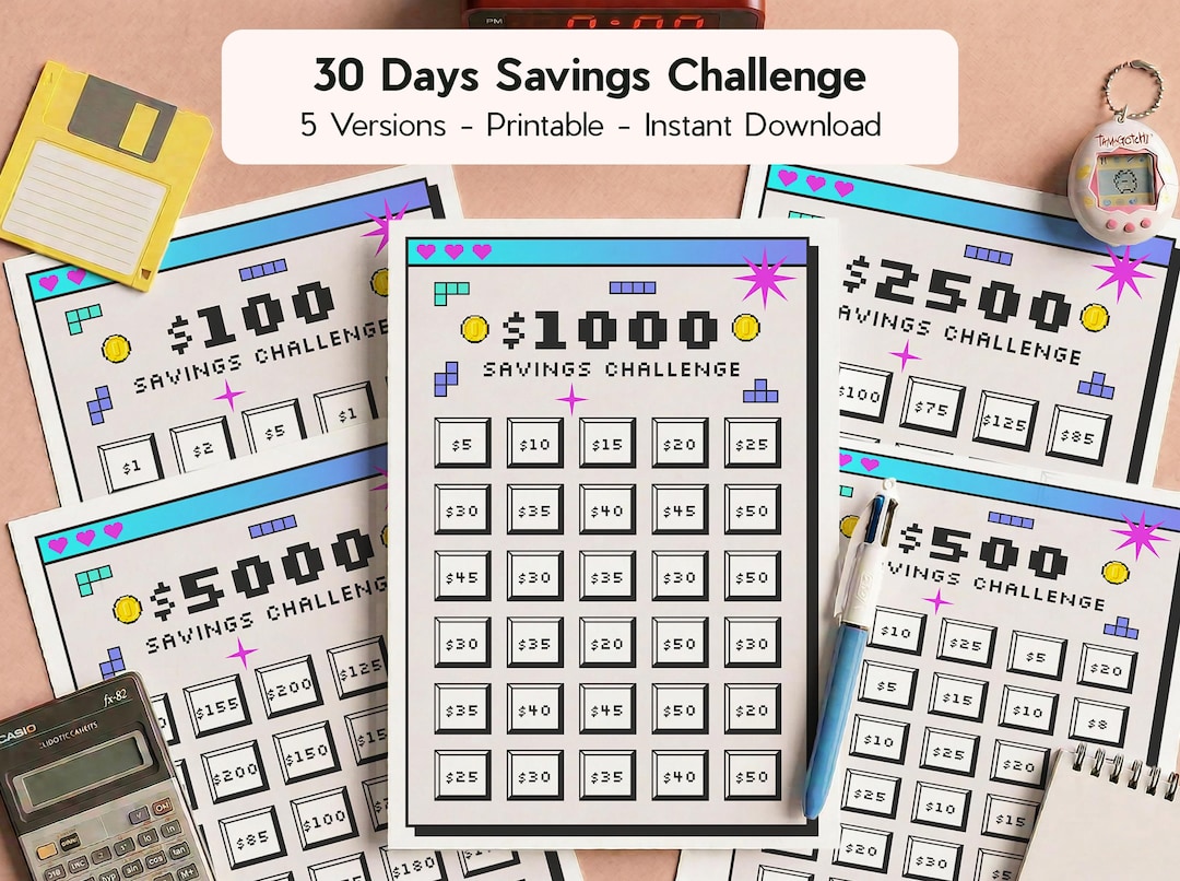 Retro Pixel Art Savings Challenge Bundle | 100-5000 Budget Tracker ...