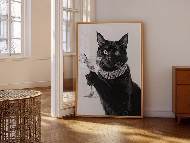 Black Cat Martini Print: Vintage Cocktail Bar Cart Art (digital ...