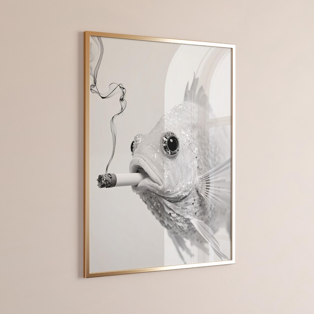 Retro Fish Smoking Cigarette Print Black & White Photography Cabin Wall ...