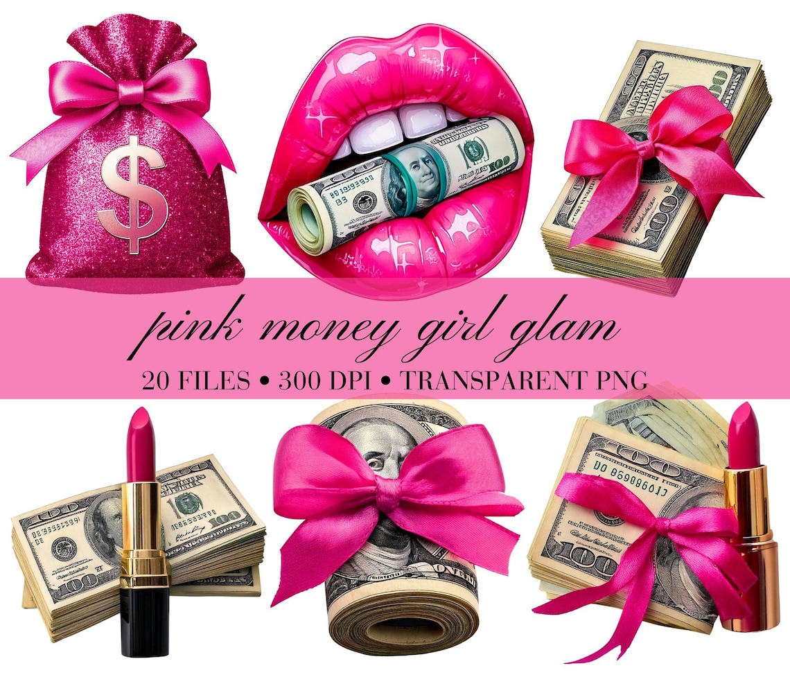 Pink Money Girl Glam Clipart - Chic Girly Graphics Bundle, Lipstick ...