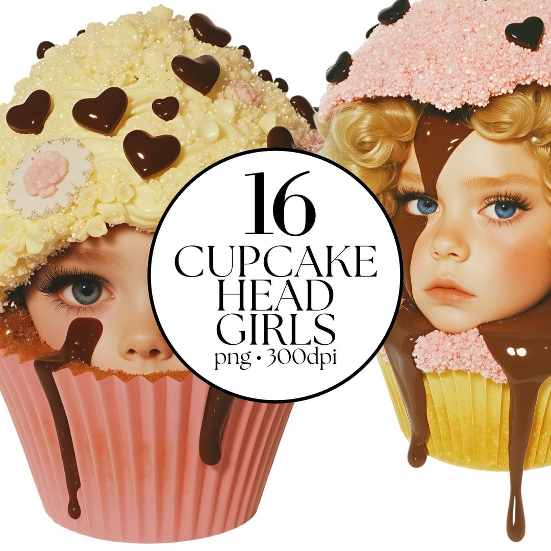Cupcake Head Girls Clipart Bundle | Vintage Girl Graphics | 16 High ...