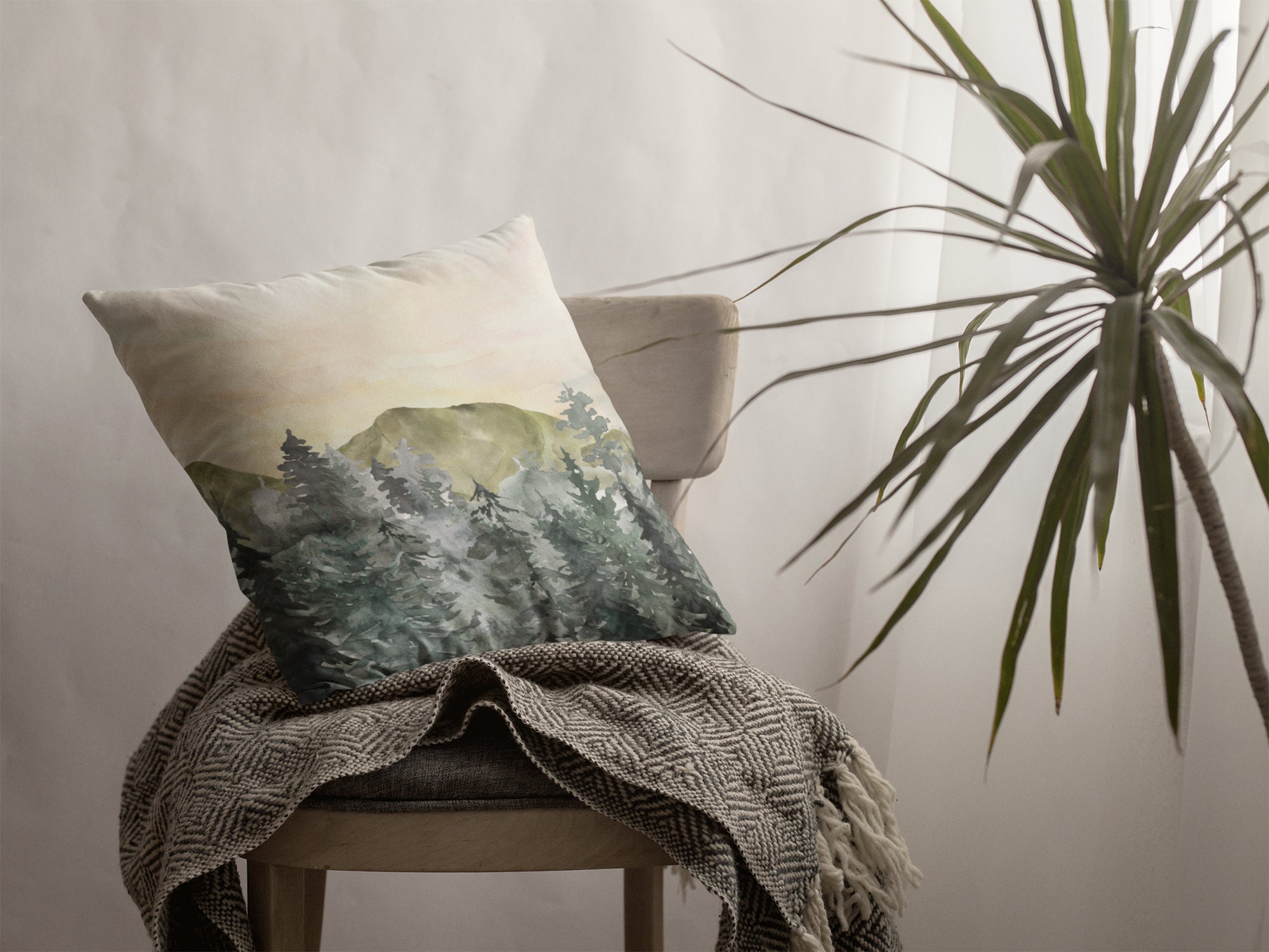 Woodland Forest With Green Mountains Watercolor Pillow Cover, Pine Tree ...
