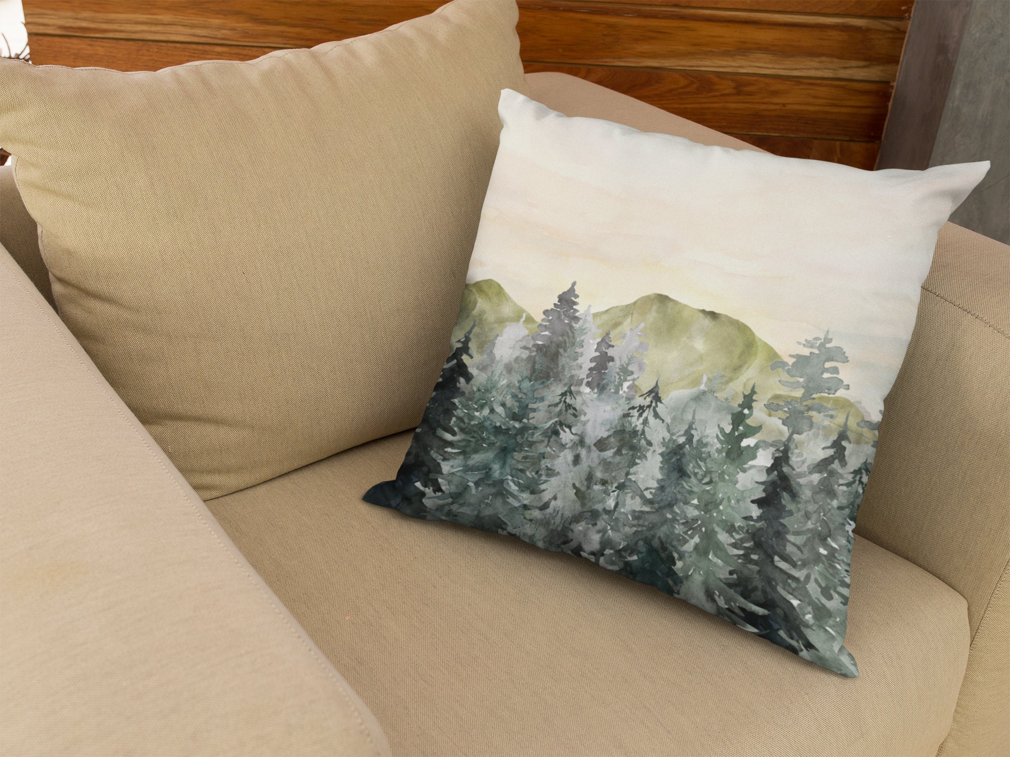 Woodland Forest With Green Mountains Watercolor Pillow Cover, Pine Tree ...