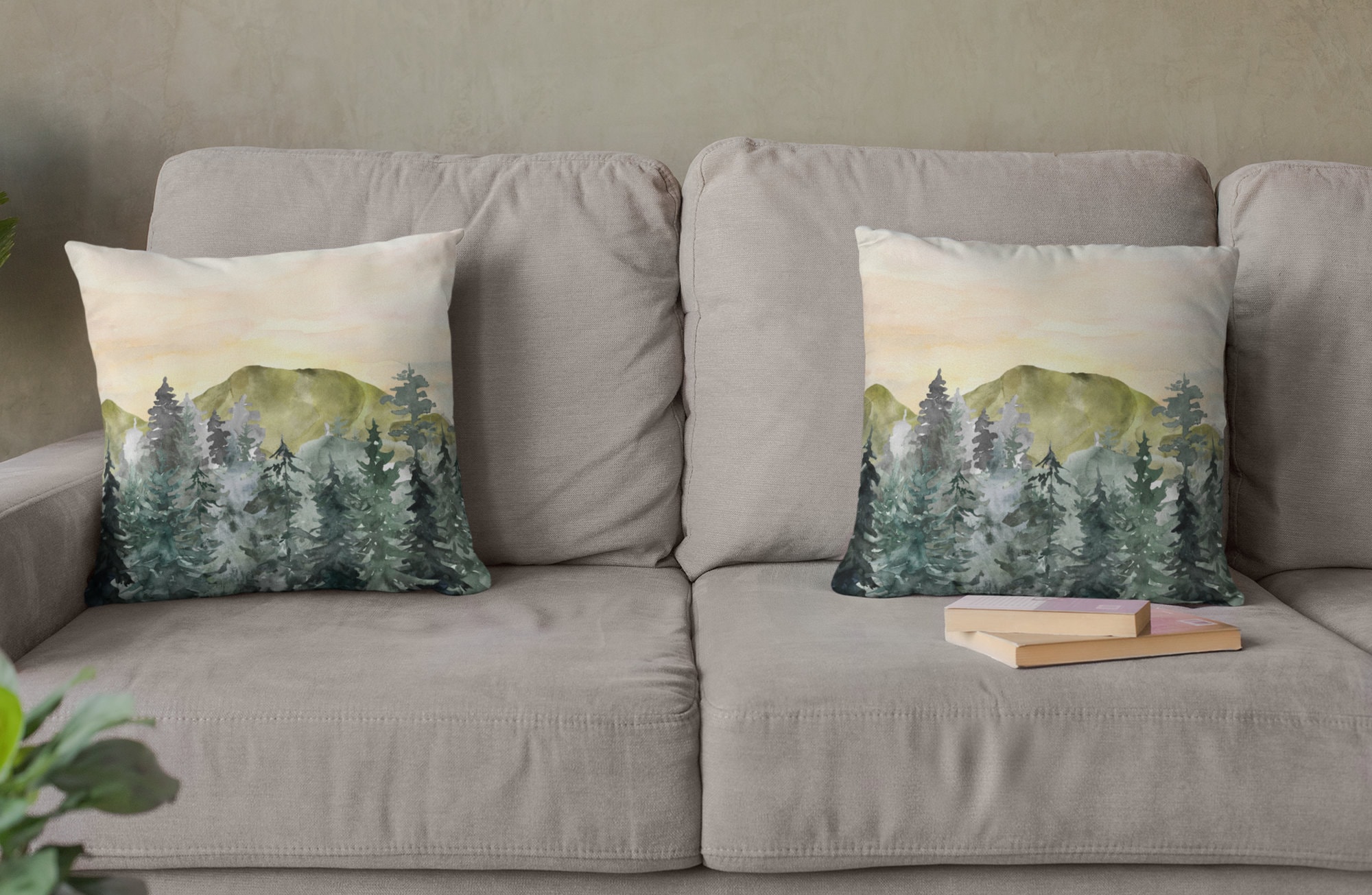 Woodland Forest With Green Mountains Watercolor Pillow Cover, Pine Tree ...