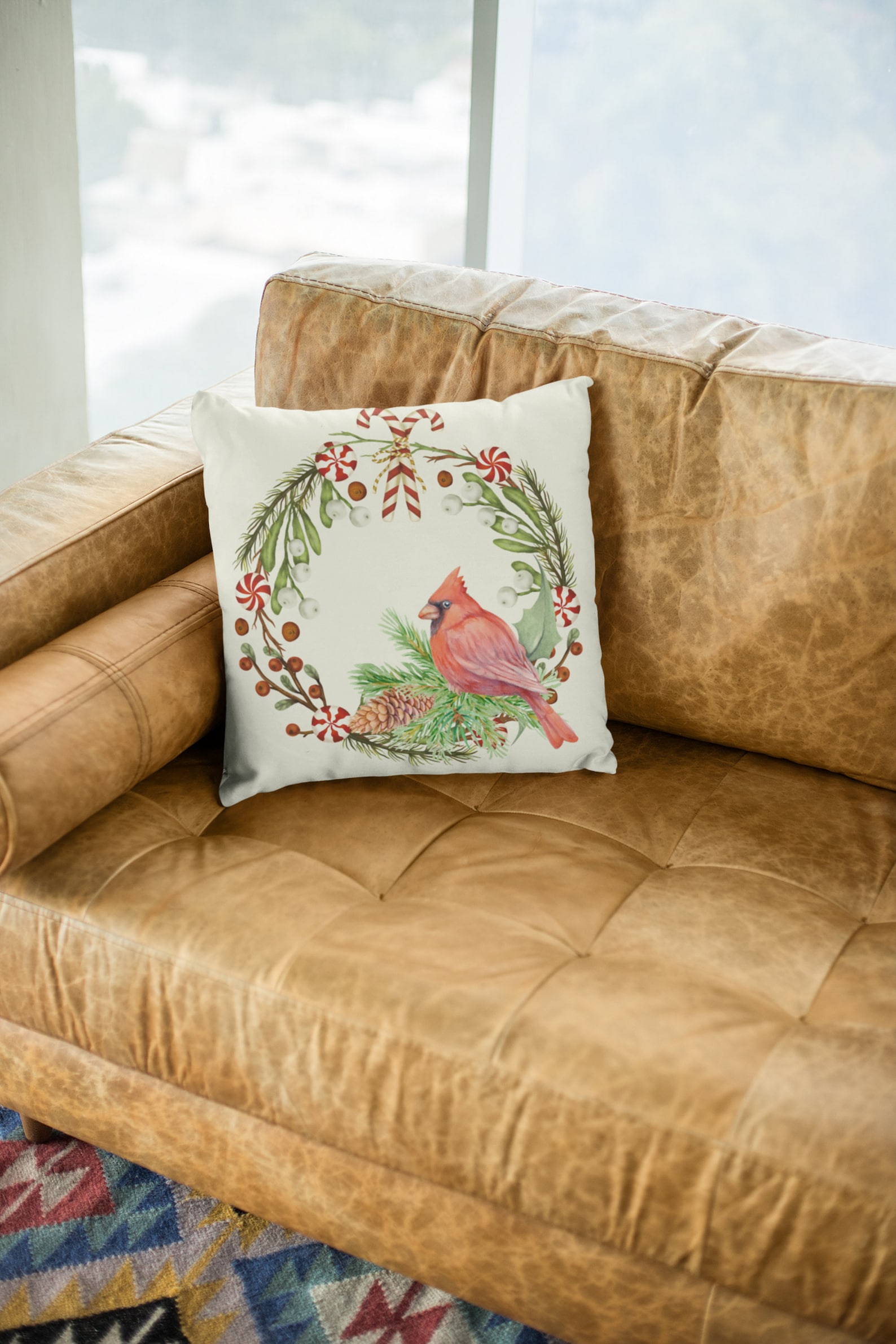 Cardinal Wreath Pillow Case Festive Home Decor Cardinal Pillow Cover ...
