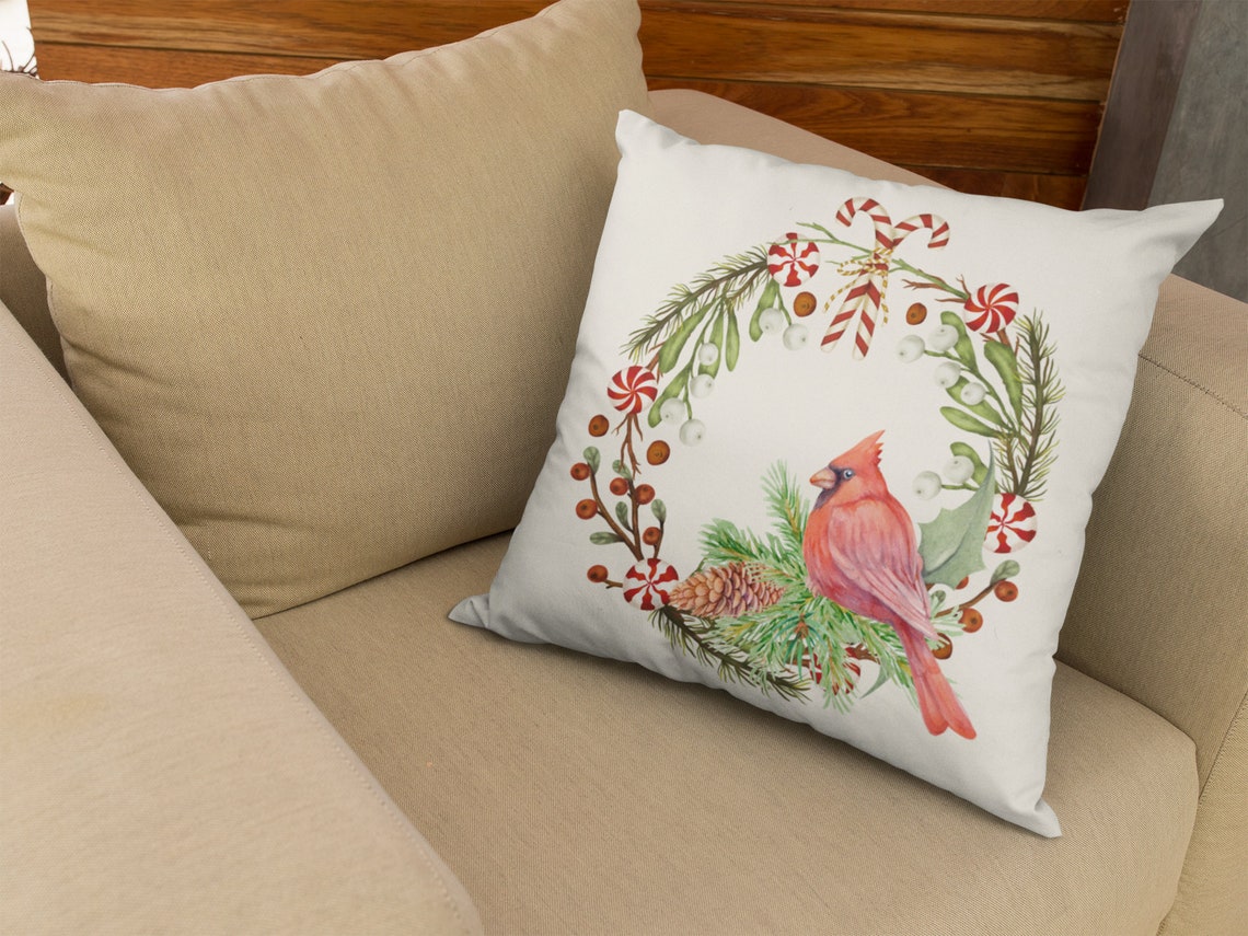 Cardinal Wreath Pillow Case Festive Home Decor Cardinal Pillow Cover ...