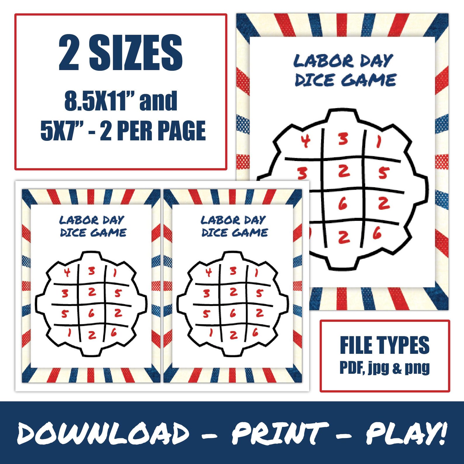 Labor Day Dice Game Instant Download Labor Day Dice Game Card Printable ...