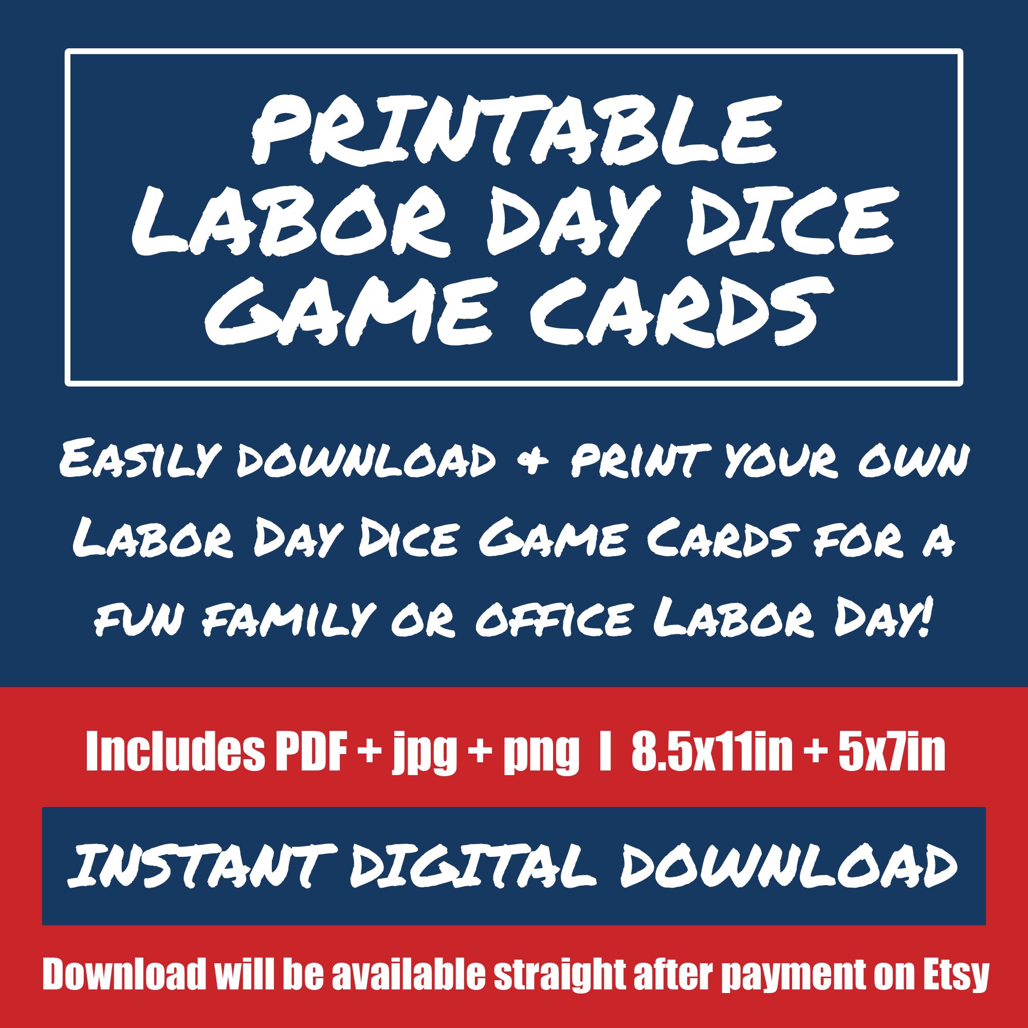 Labor Day Dice Game Instant Download Labor Day Dice Game Card Printable ...
