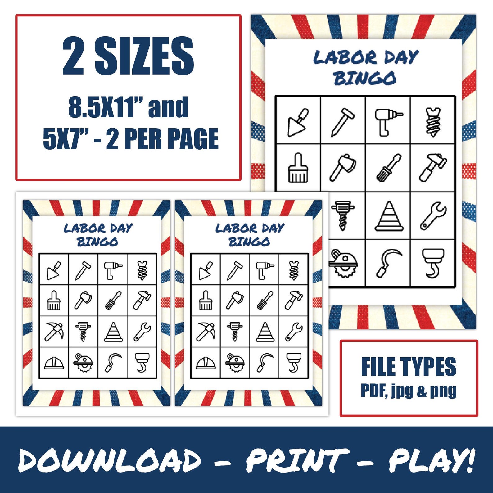 Labor Day Bingo Game Instant Download Labor Day Bingo Game Card ...