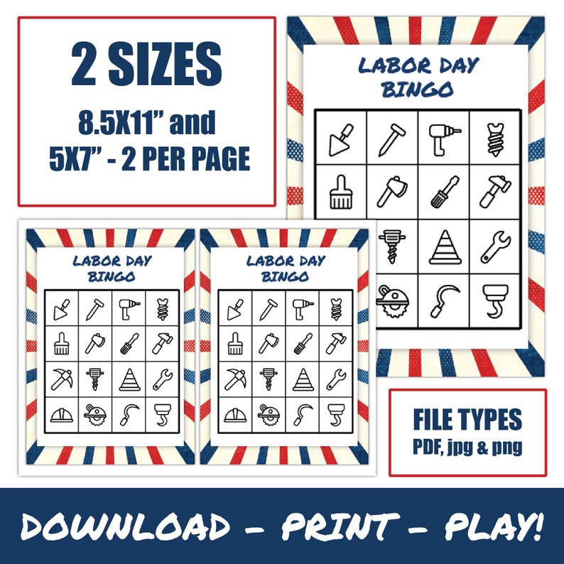 Labor Day Bingo Game Instant Download Labor Day Bingo Game Card ...
