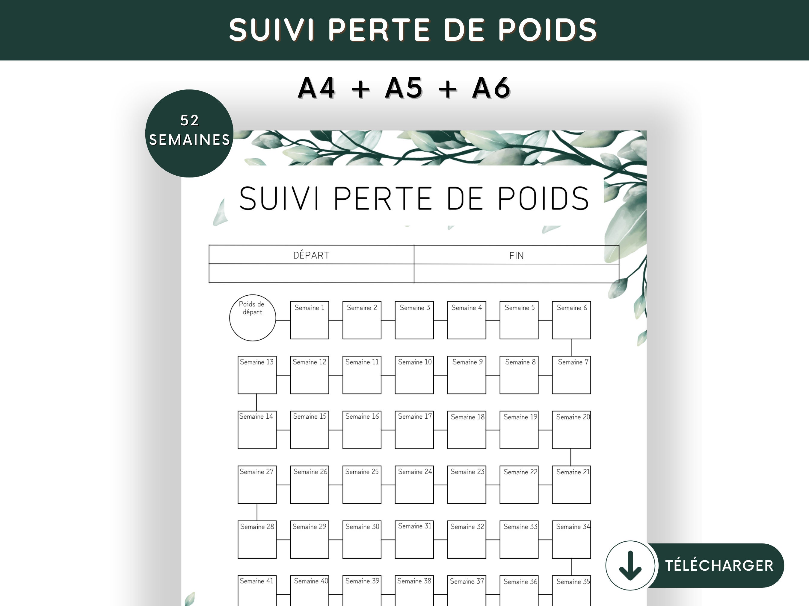 Suivi perte de poids 52 semaines format A4, A5, A6, tracker perte de ...