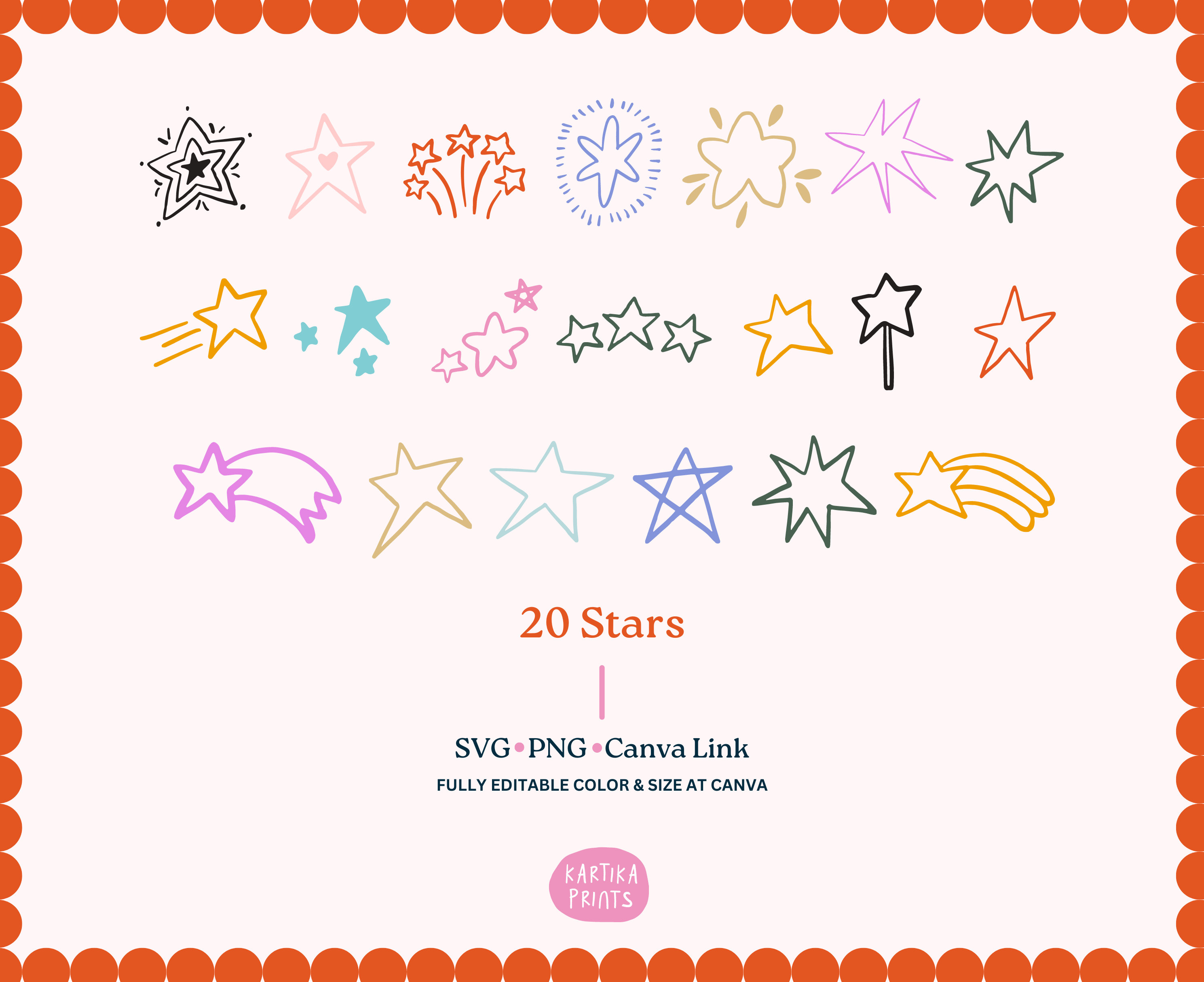 Hand Drawn Stars Illustration Bundle: Whimsical Line Art (SVG, PNG, PDF ...