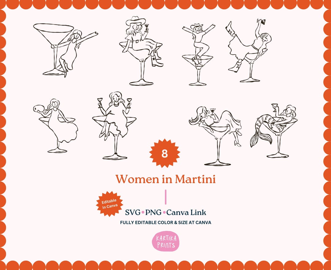 Women in Martini Outline Illustration: Hand Drawn Whimsical Bridal ...