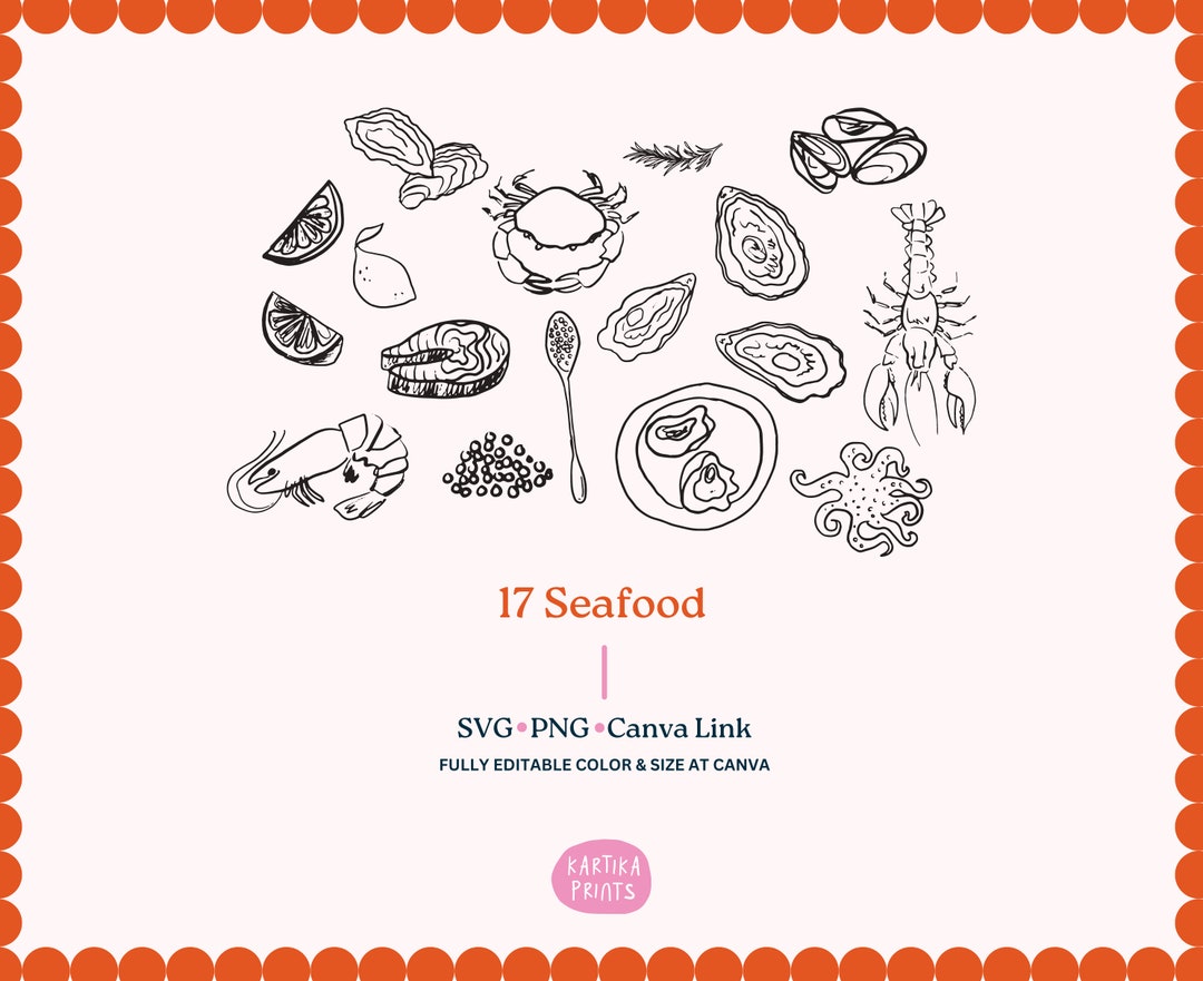 Seafood Illustration SVG PNG Bundle - Hand Drawn Fish Outline, Drawing ...