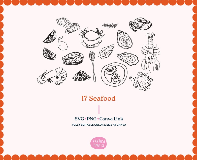 Hand-drawn Seafood Illustration Bundle: Fish, Shrimp, Oyster SVG PNG ...
