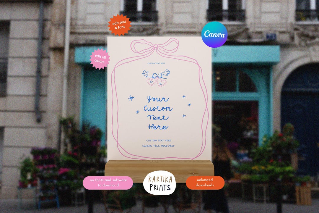 Custom Table Sign Canva Template | Whimsical Hand Drawn Bow Ribbon ...