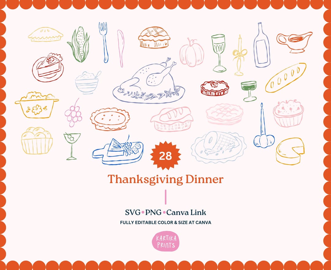 Thanksgiving Dinner Illustration Bundle: Hand-drawn Food Outlines (SVG ...