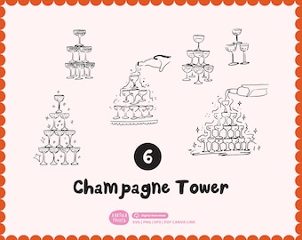 Champagne Glass Tower Vector Clipart Set / Outline & Stamp Drawing ...