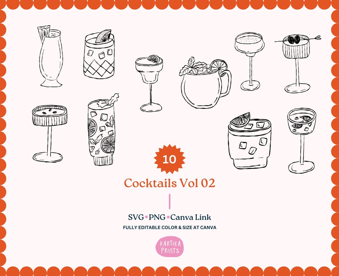 Bundle Hand Drawn Cocktails Outline Illustration SVG PNG, Cocktails ...