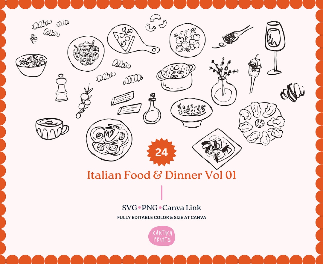Italian Food Illustration Bundle: Hand-drawn Dinner Clipart (SVG, PNG ...