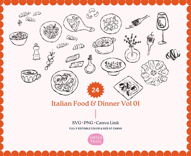 Italian Food Illustration Bundle: Hand-drawn Dinner Clipart (SVG, PNG ...