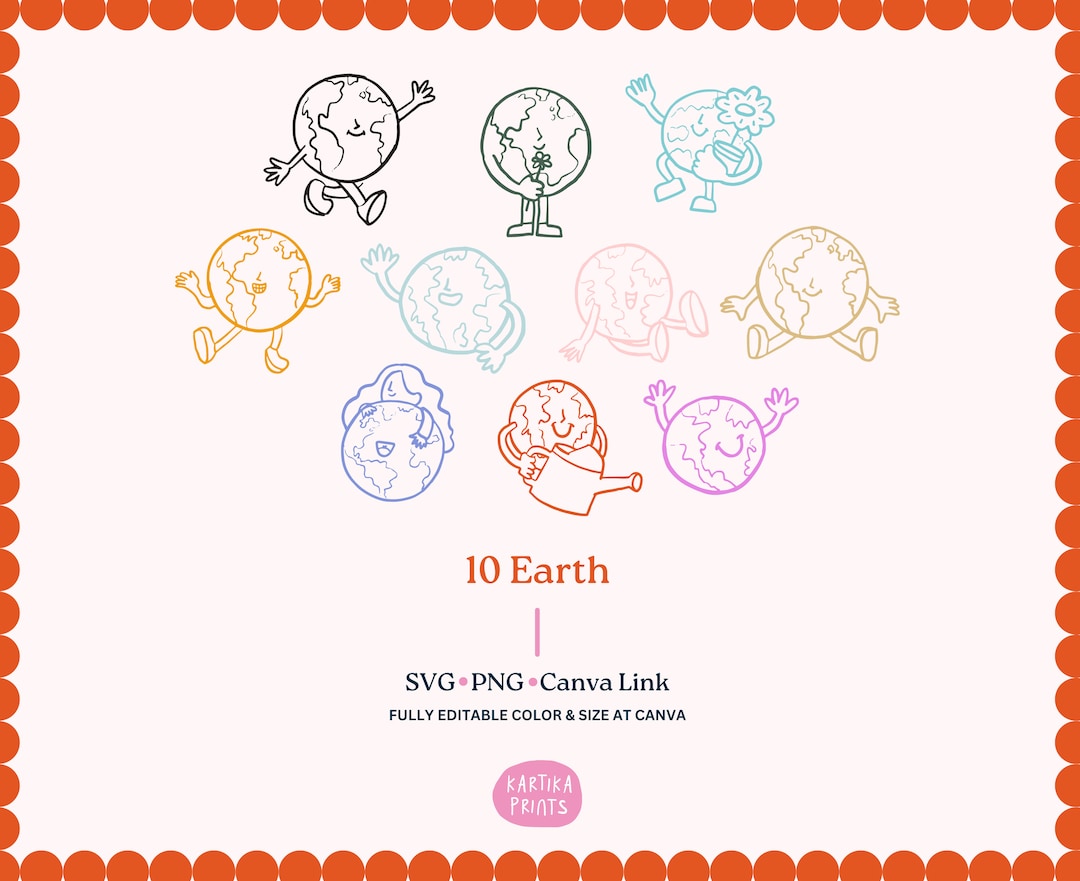 Retro Groovy Earth Illustration Bundle: SVG, PNG, Clipart (digital ...