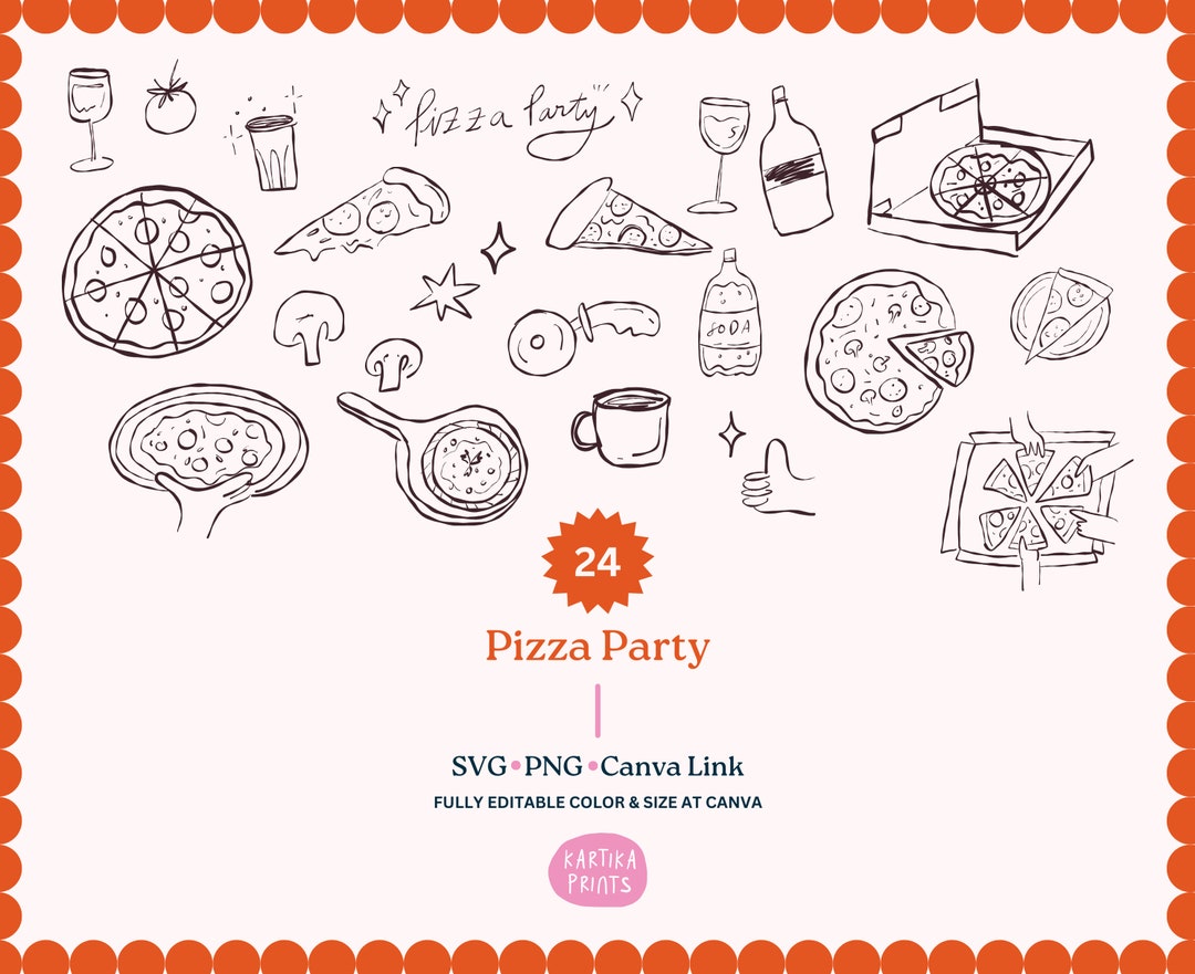 Pizza Party Illustration Bundle: Hand-drawn Clipart SVG, PNG, Canva ...