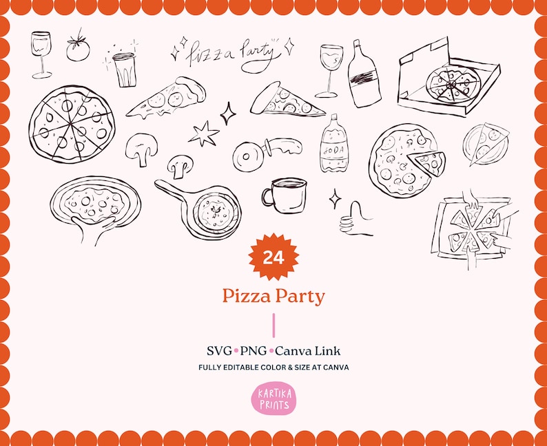 Pizza Party Illustration SVG PNG Bundle Hand Drawn Pizza Outline ...