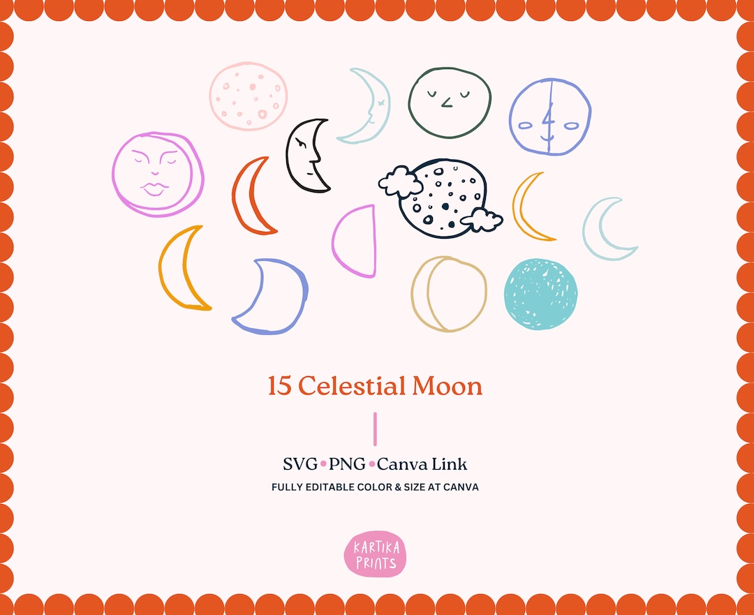 Bundle Celestial Moon Illustration SVG PNG Bundle - Hand Drawn Moon ...