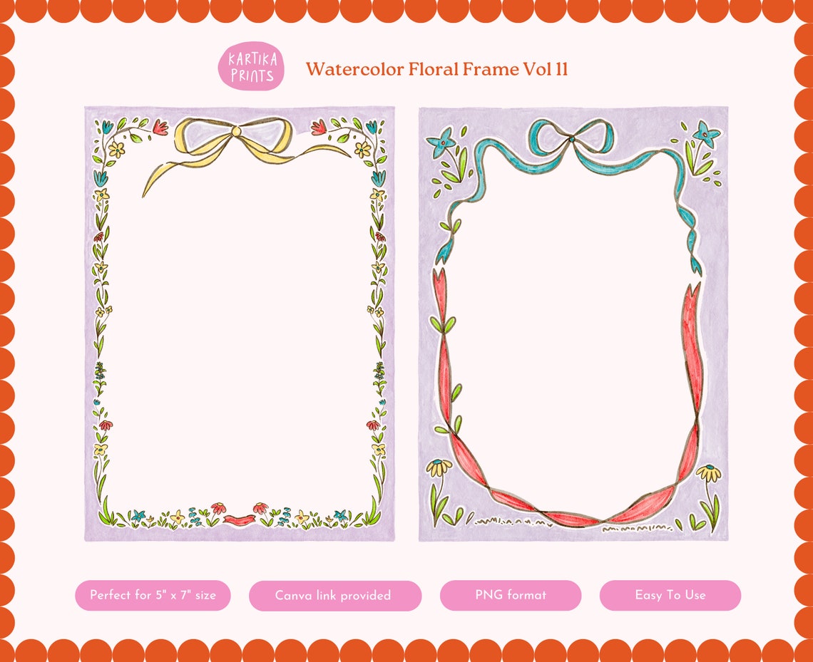 Hand Drawn Floral Border Frame Illustration PNG, Wavy Border With Bow ...
