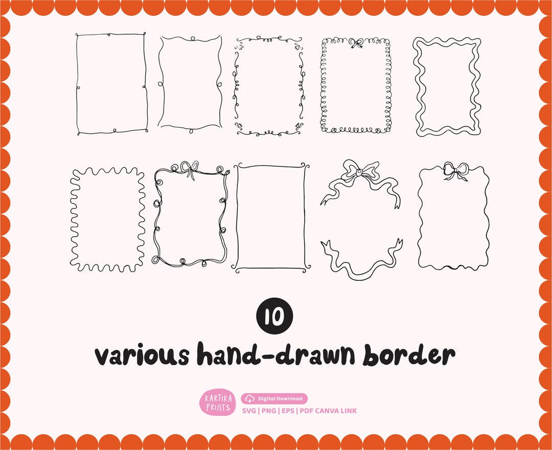 Hand Drawn Border Frame Illustration SVG PNG, Wavy Border With Bow in ...