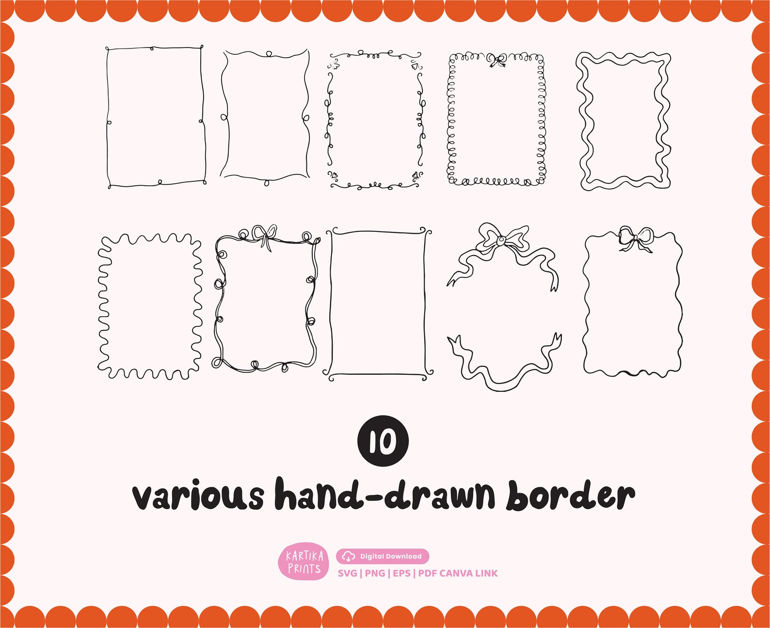 Hand Drawn Border Frame Illustration SVG PNG, Wavy Border With Bow in ...