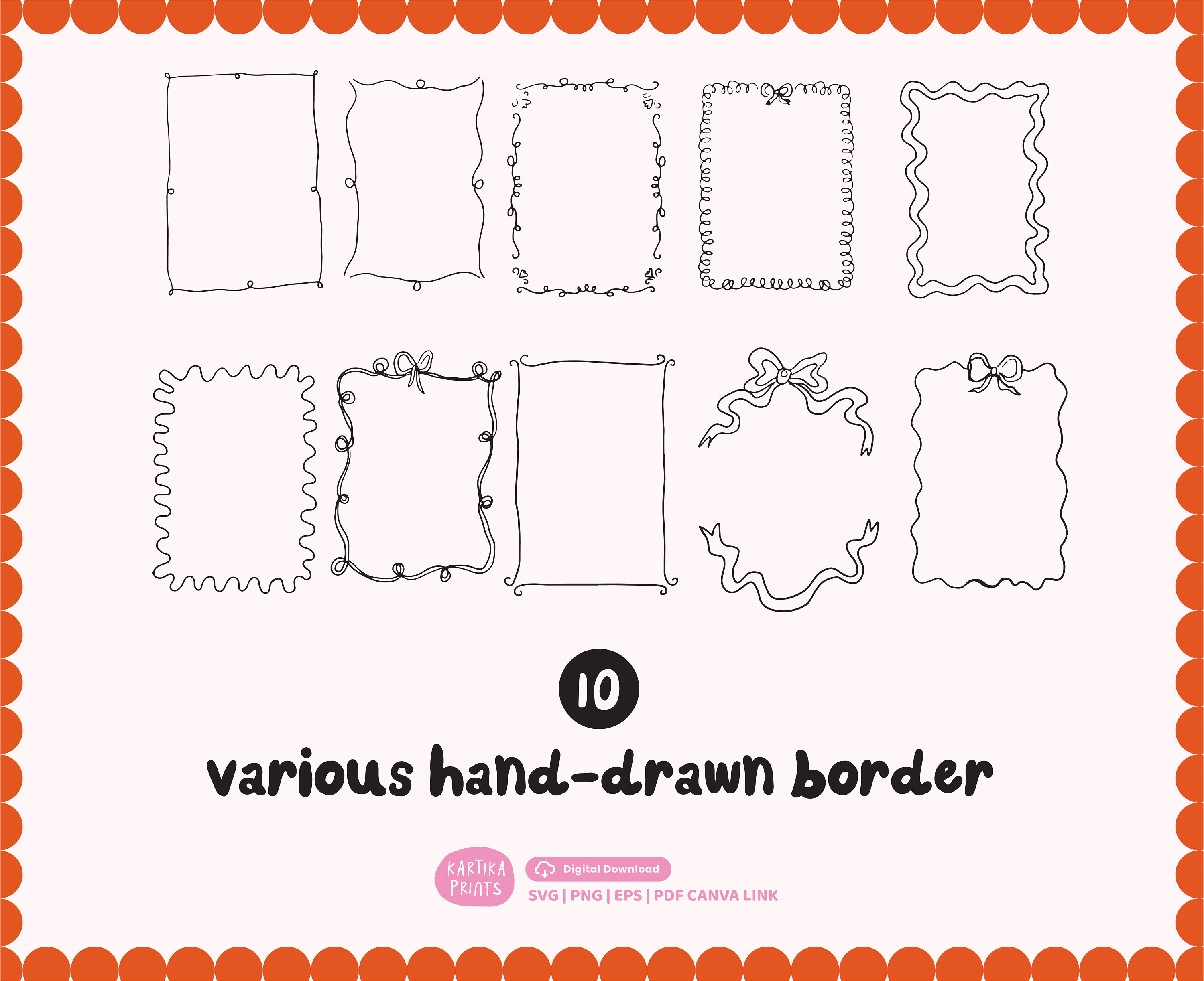 Hand Drawn Border Frame Illustration SVG PNG, Wavy Border With Bow in ...