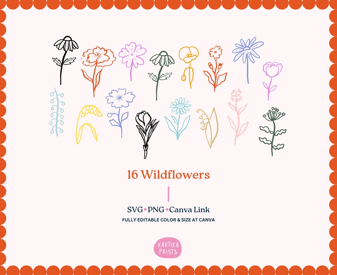 Wildflowers Outline Illustration SVG PNG - Hand Drawn Wildflower ...